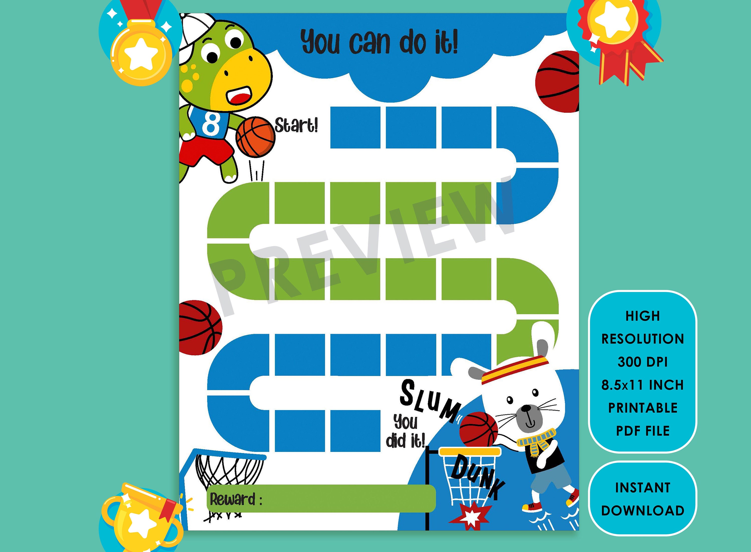 Printable Basketball Reward Chart for Kids, Fun Behavior Tracking, Two ...