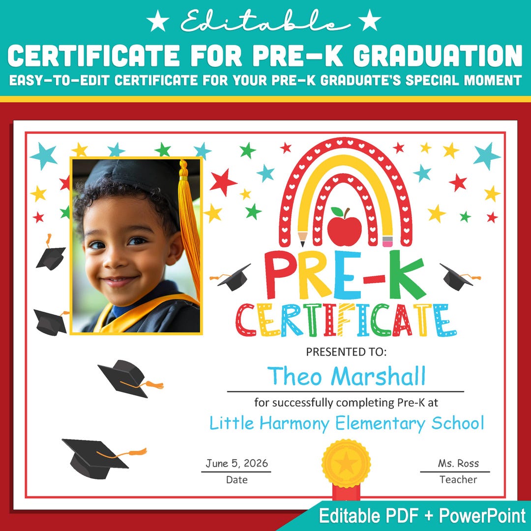 Editable Pre-k Moving up Certificate With Student Photo, Graduation ...