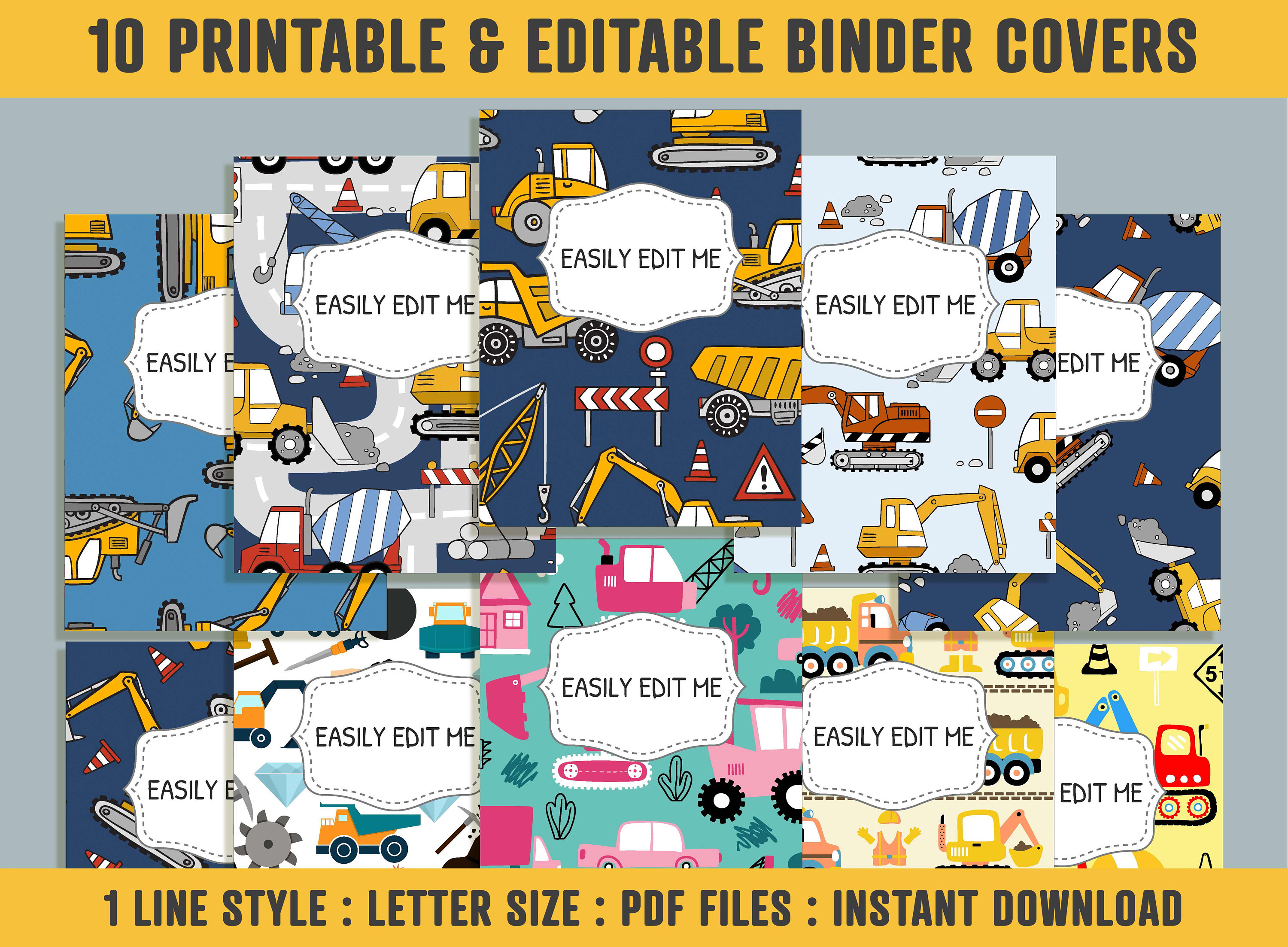Construction Truck Binder Cover, 10 Printable & Editable Binder Covers ...