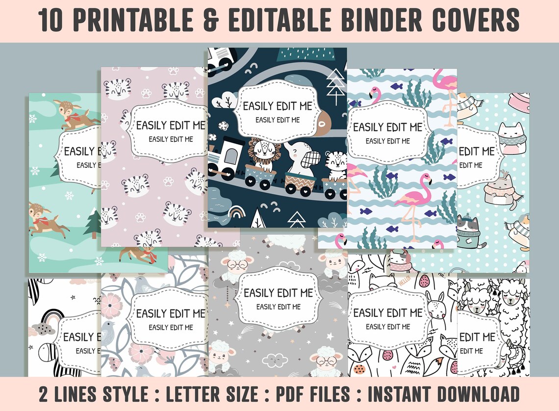 Cute Animal Binder Cover, 10 Printable & Editable Binder Covers Spines ...