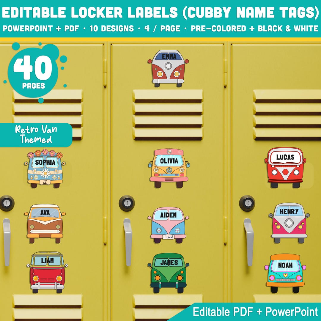 Editable Locker Labels (cubby Name Tags), Retro Van Themed, 40 Pages ...