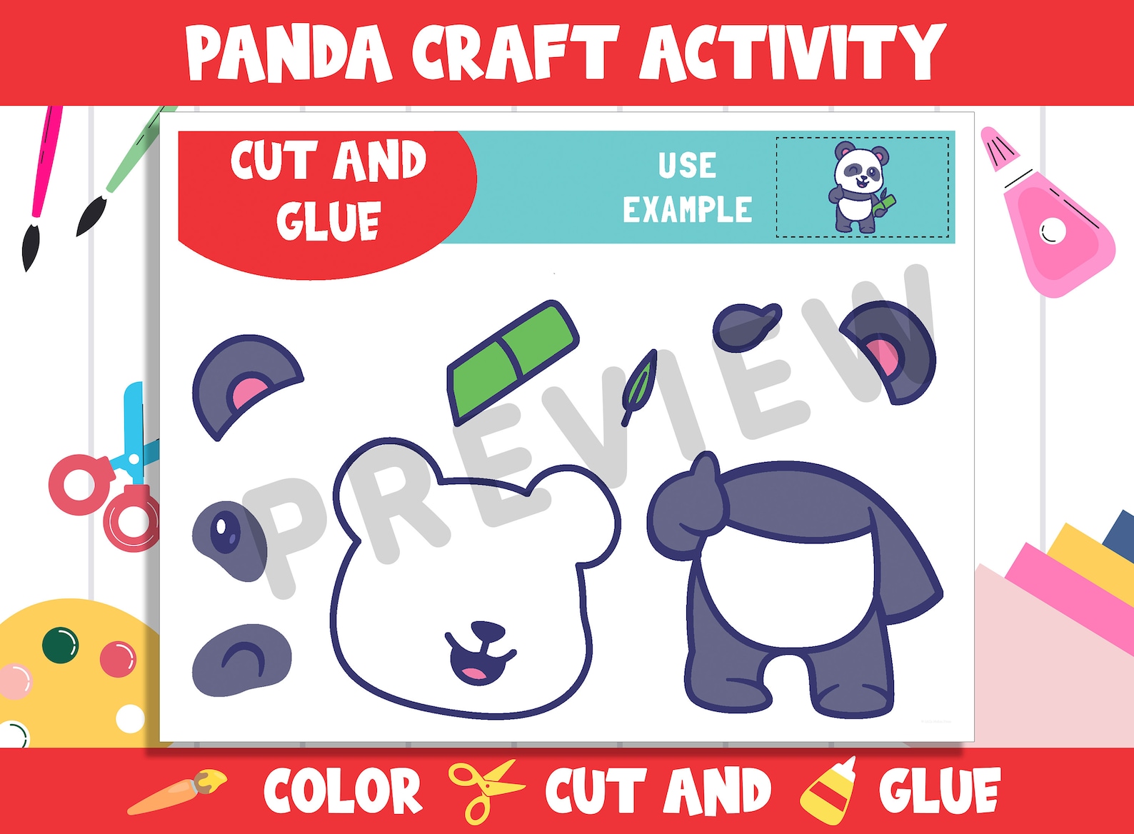Cute Panda Craft Activity Color, Cut, and Glue for Prek to 2nd Grade ...