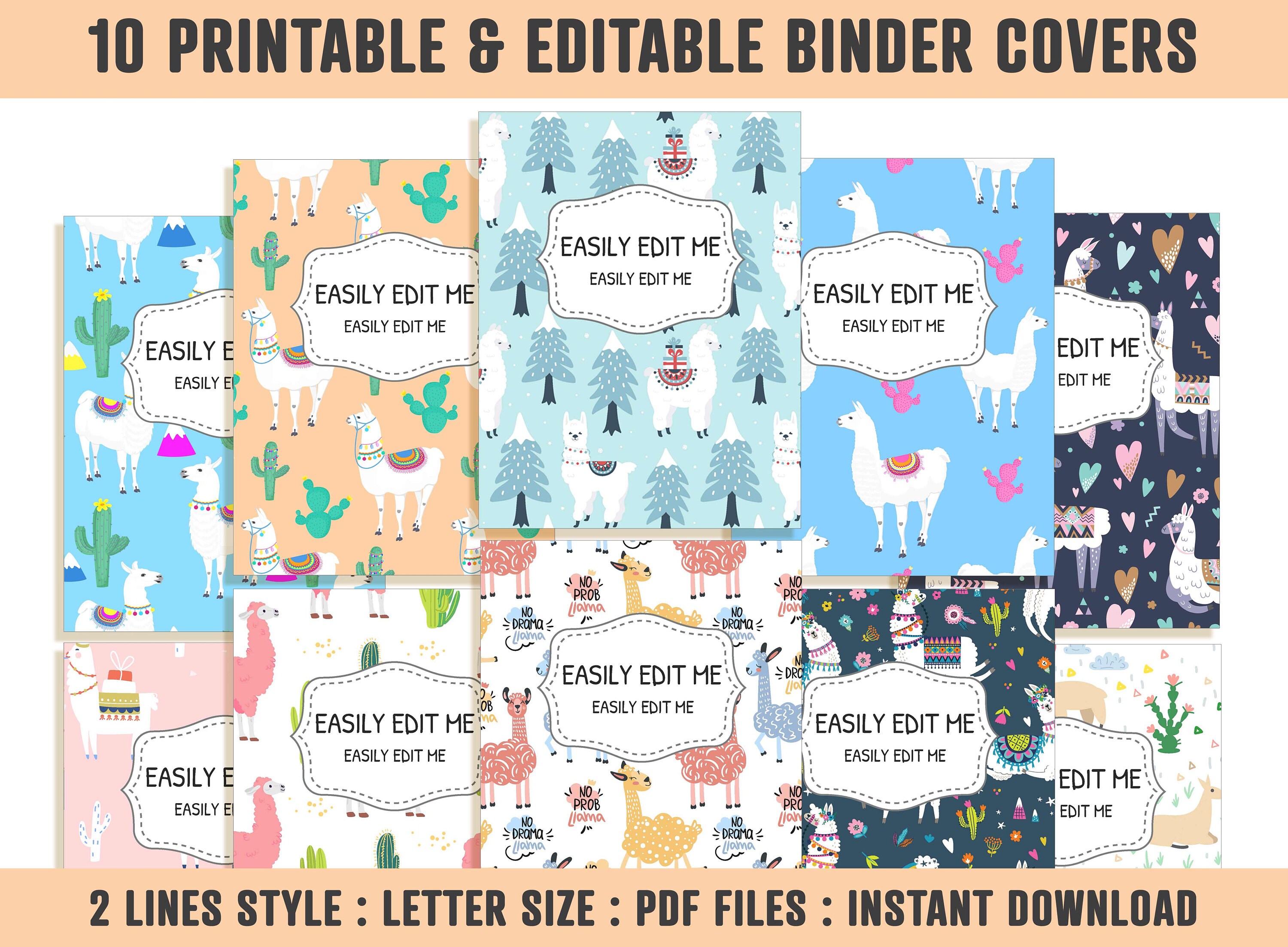 Llama Binder Cover, 10 Printable & Editable Coversspines, Binder Insert ...