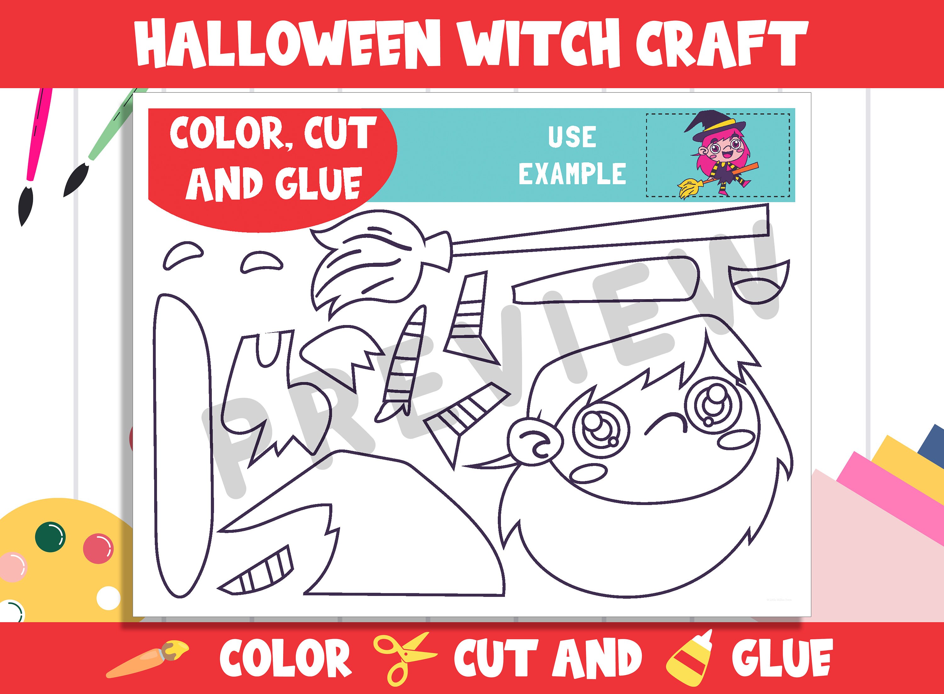 Cute Halloween Witch Craft Activity Color, Cut, and Glue for Prek to ...