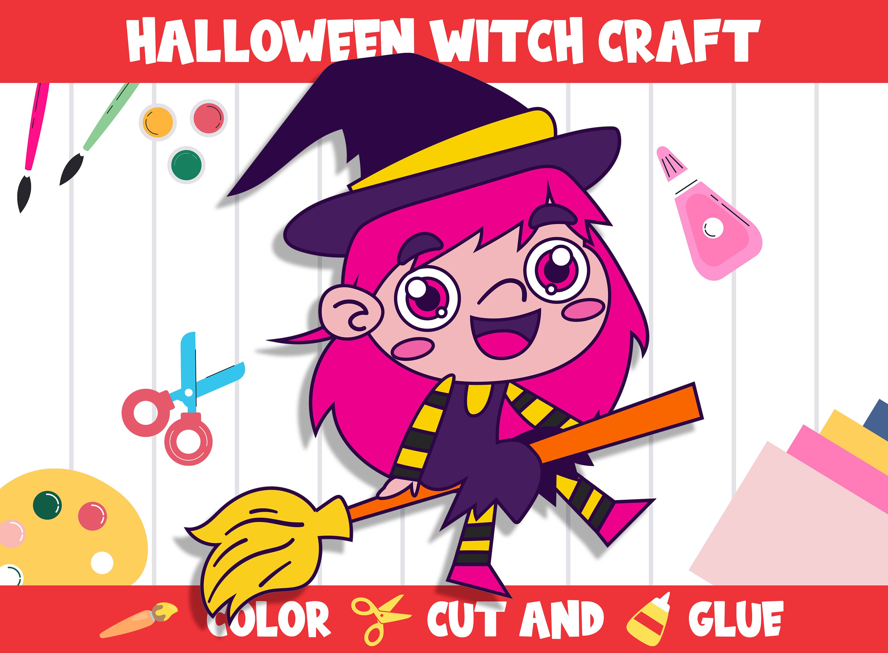 Cute Halloween Witch Craft Activity Color, Cut, and Glue for Prek to ...