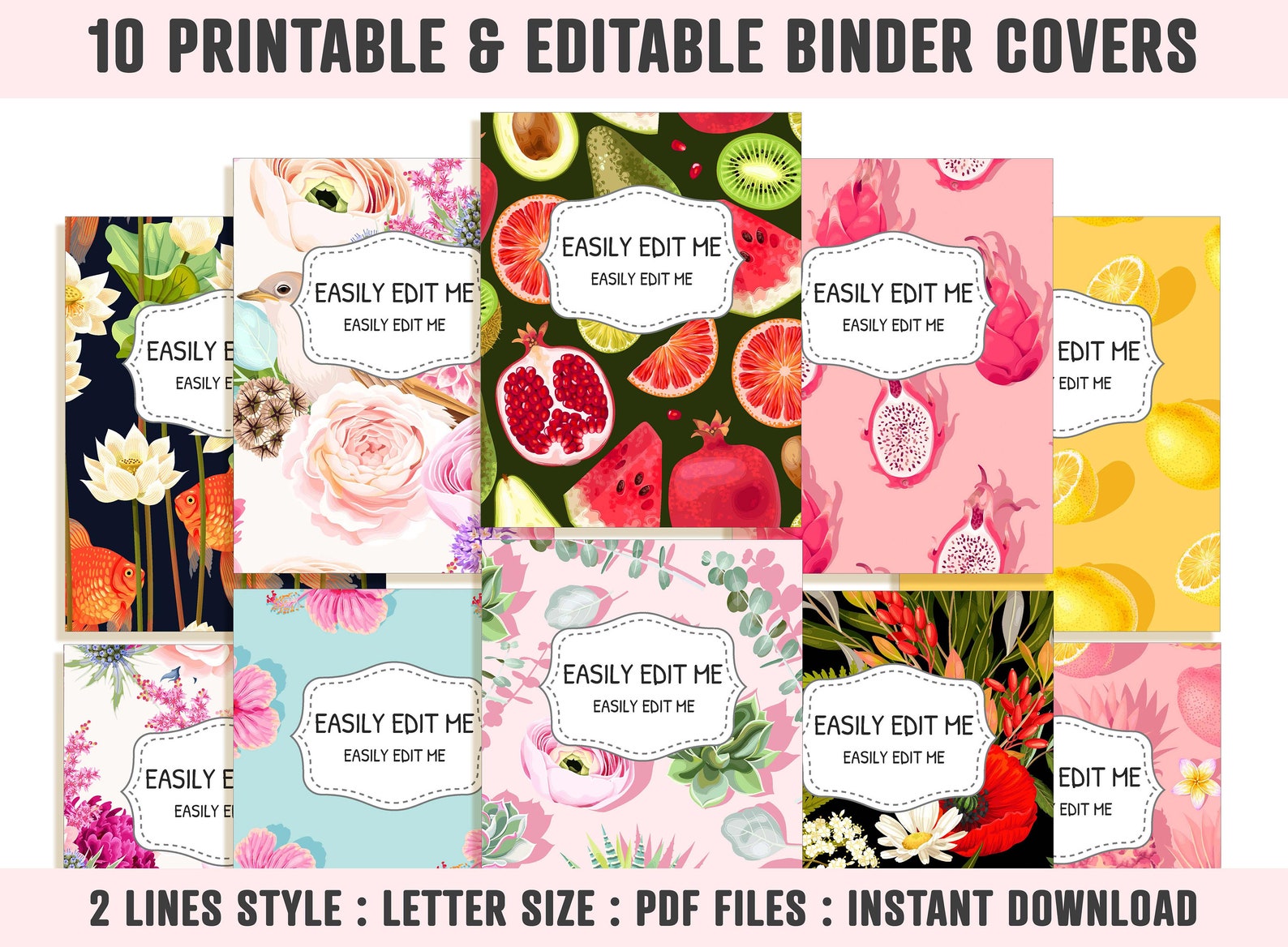 Fruit and Floral Binder Cover 10 Printable & Editable Binder | Etsy