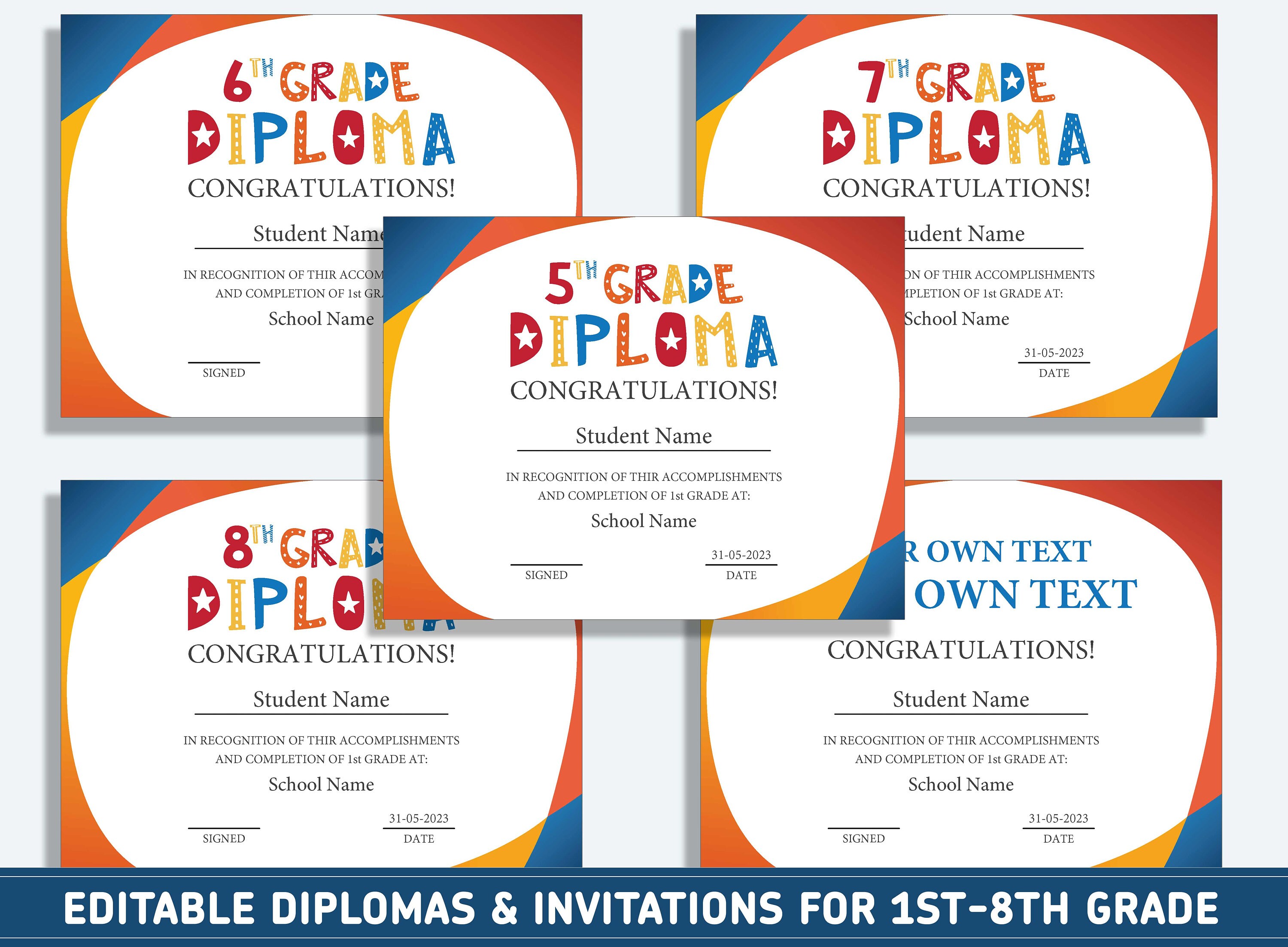 Editable End of 3rd Grade Certificate, 1st to 8th Grade Diploma ...