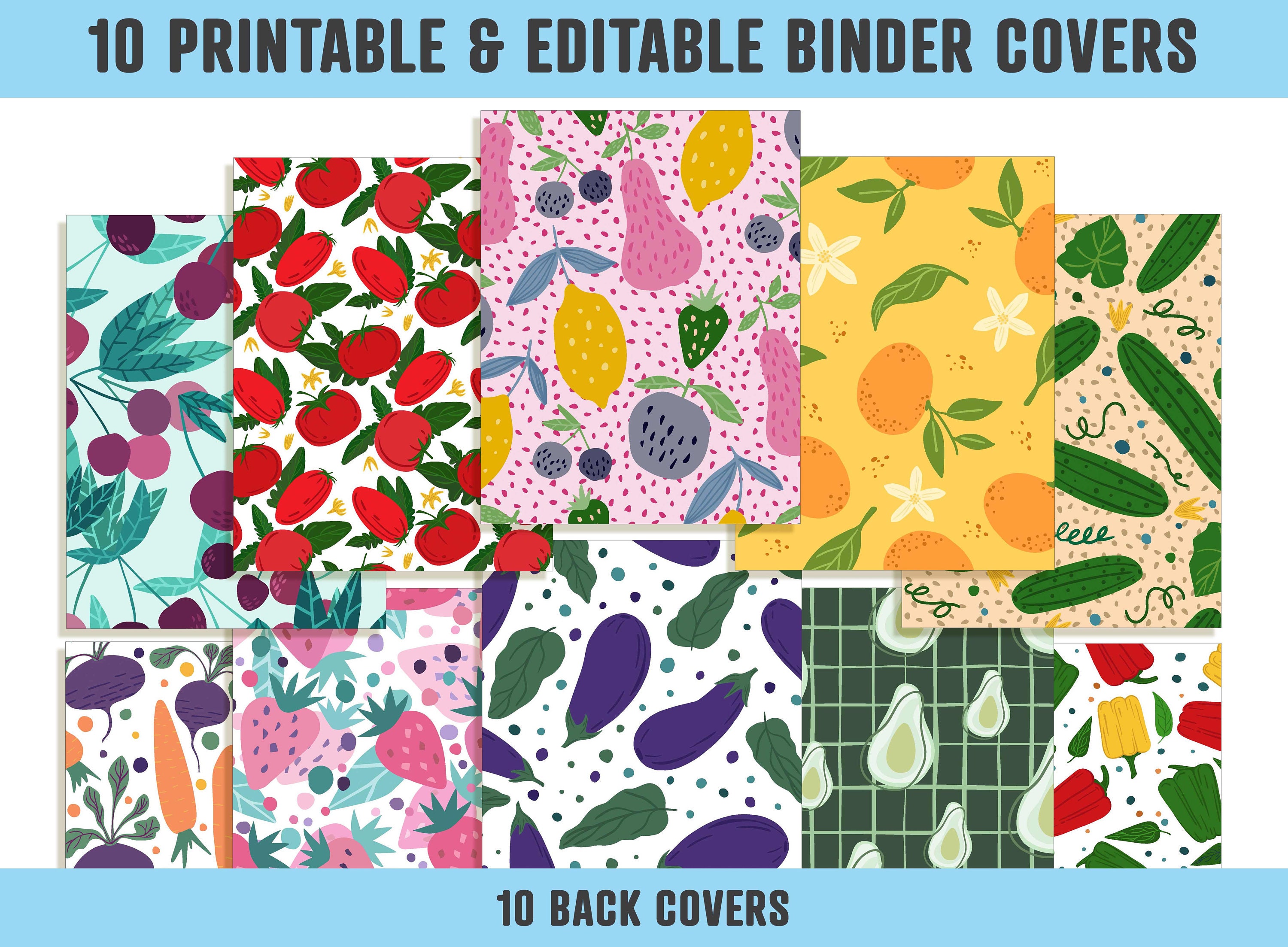 Fruits and Vegetables Binder Cover, 10 Printable Editable Coversspines ...