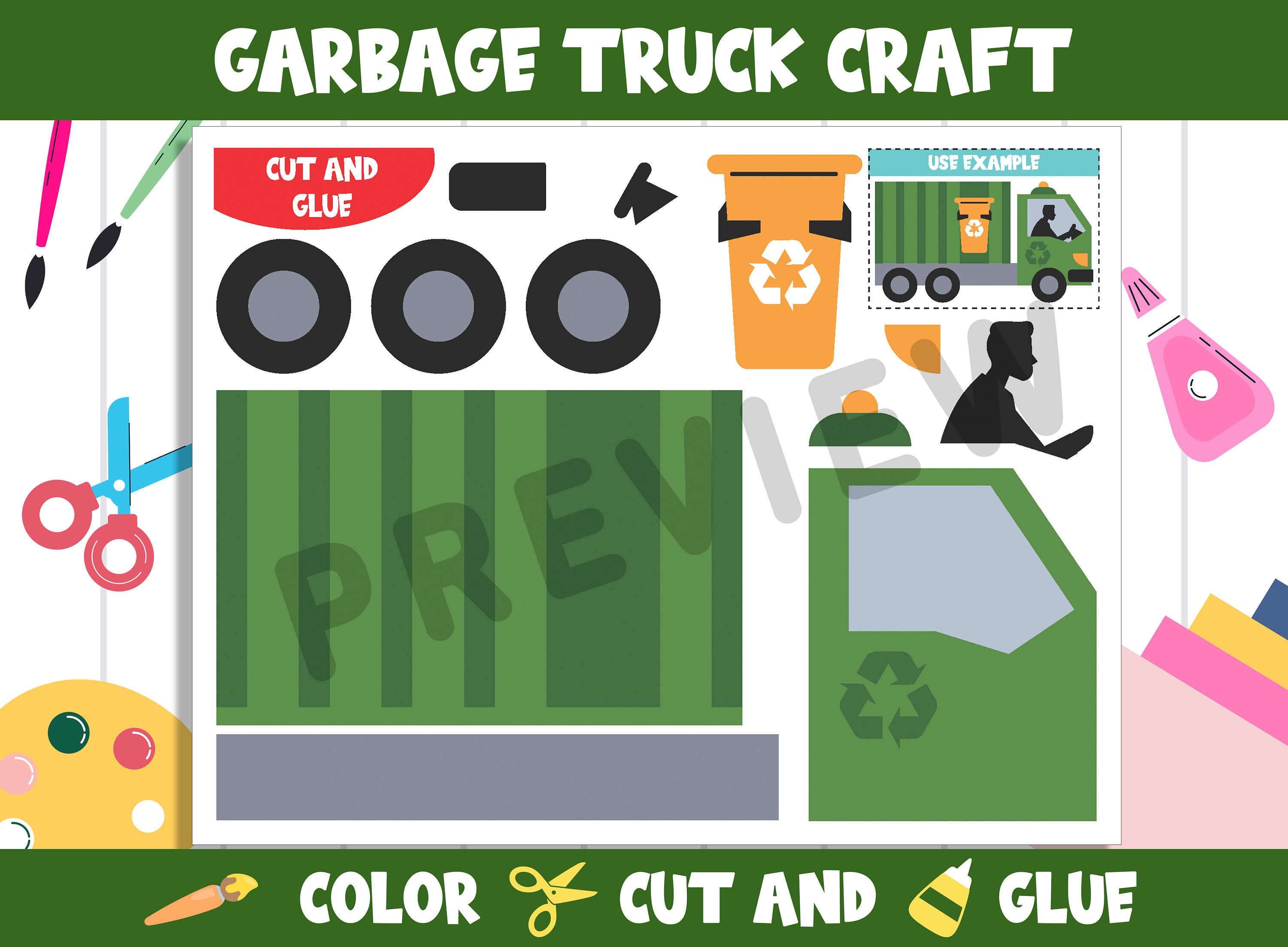 Garbage Truck Craft Activity Color, Cut, and Glue for Prek to 2nd Grade ...