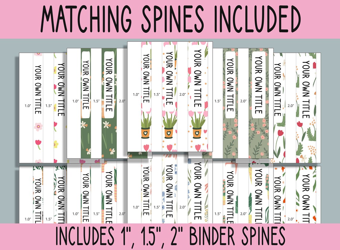 10 Editable Flower Binder Covers, Includes 1, 1.5, 2" Spines, Available ...