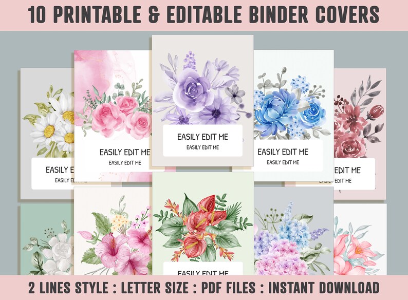 Floral Binder Cover, 10 Covers+spines, Binder Cover Printable, Editable ...