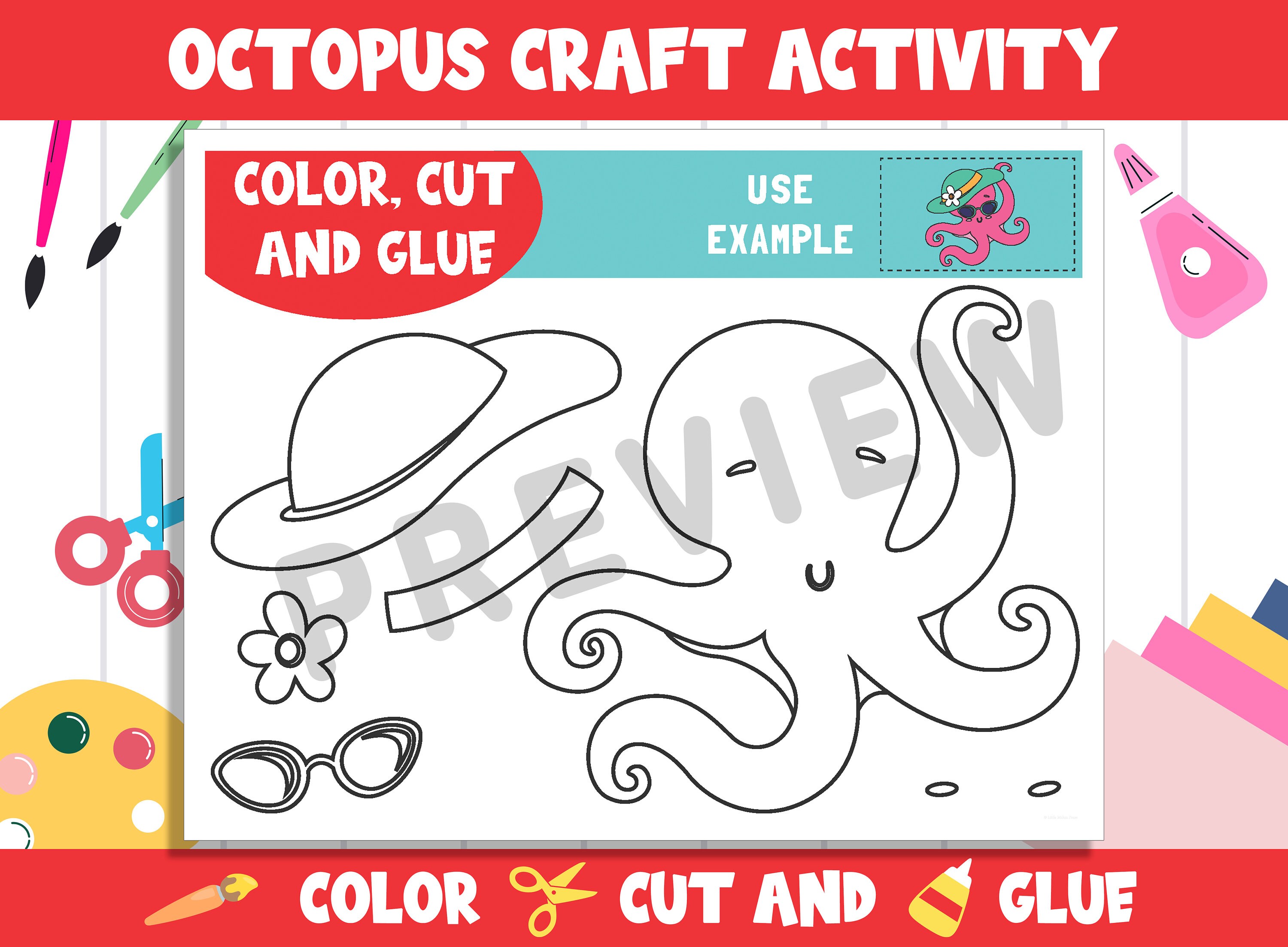 Cute Octopus Craft Activity Color, Cut, and Glue for Prek to 2nd Grade ...