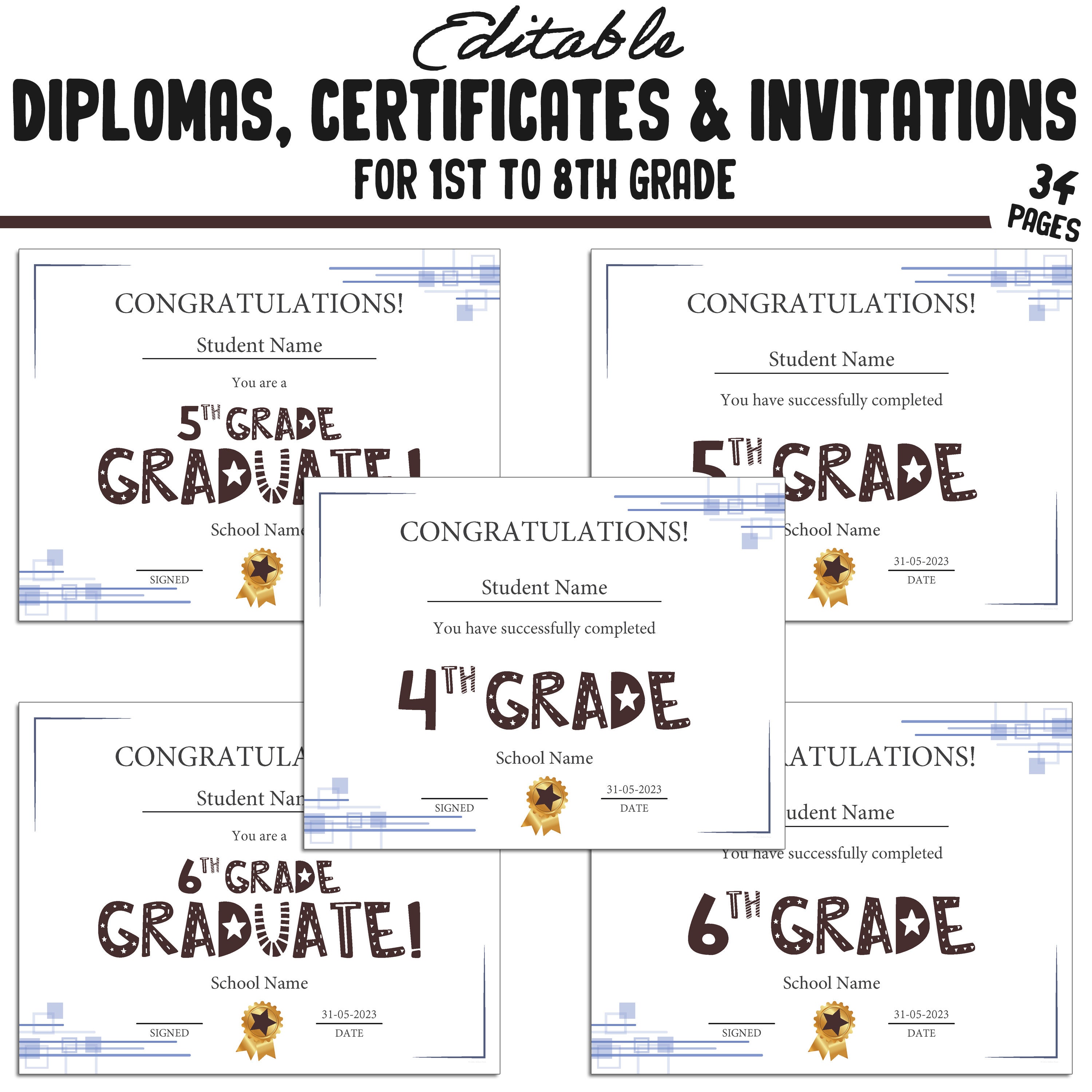 Printable 5th Grade Diplomas, Editable Certificates for 1st-8th Grades ...