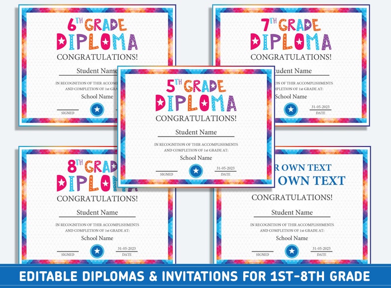 Editable Sixth Grade Diploma 1st to 8th Grade Diploma - Etsy