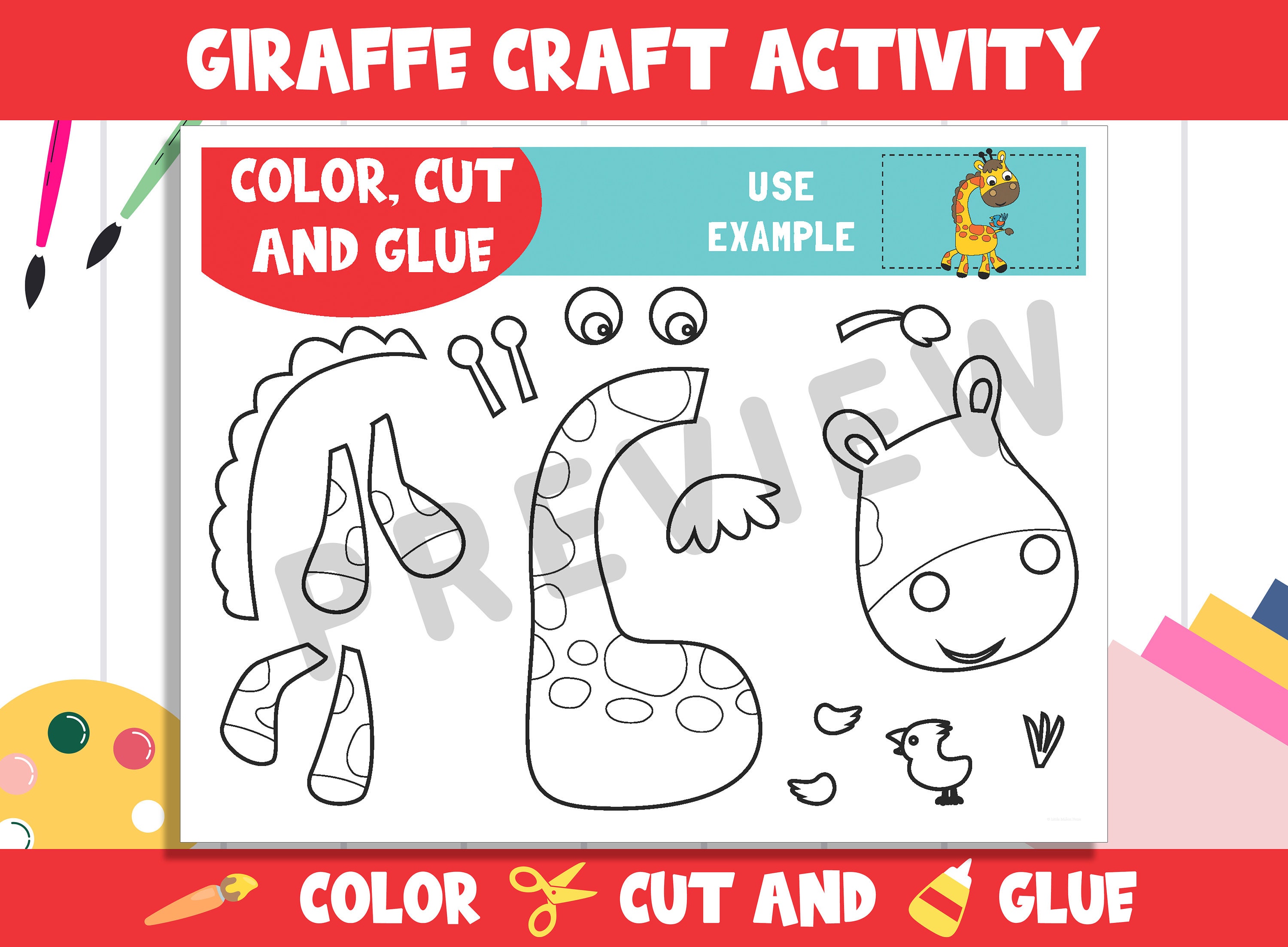 Cute Giraffe Craft Activity Color, Cut, and Glue for Prek to 2nd Grade ...