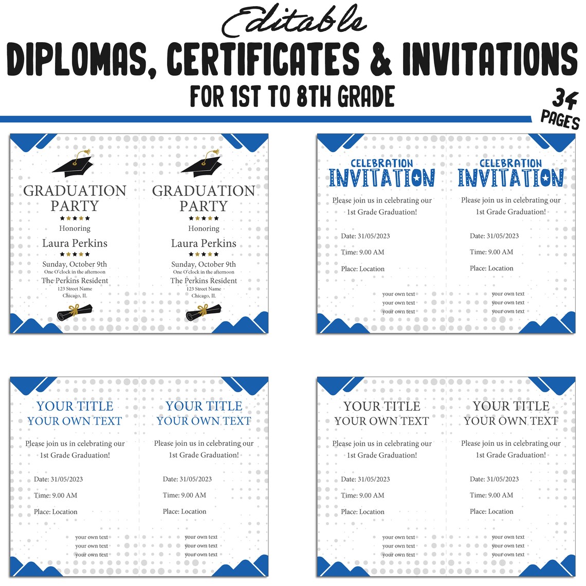 34 First Grade Achievement Diplomas, 1st-8th Grade Certificates, and ...