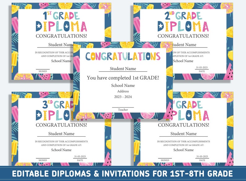 Editable 3rd Grade Awards, 1st to 8th Grade Diploma, Certificate of ...