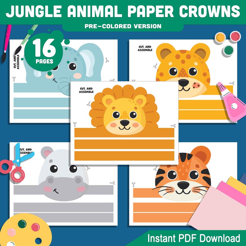 Jungle Animal Paper Crowns for Kids: 8 Fun Printable Headbands to Color ...