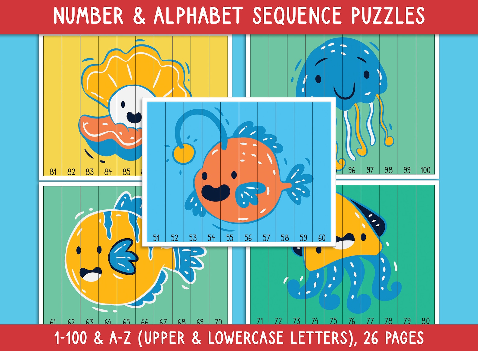 Sea Animal Number and Alphabet Sequence Puzzles (printable), 1-100 and ...
