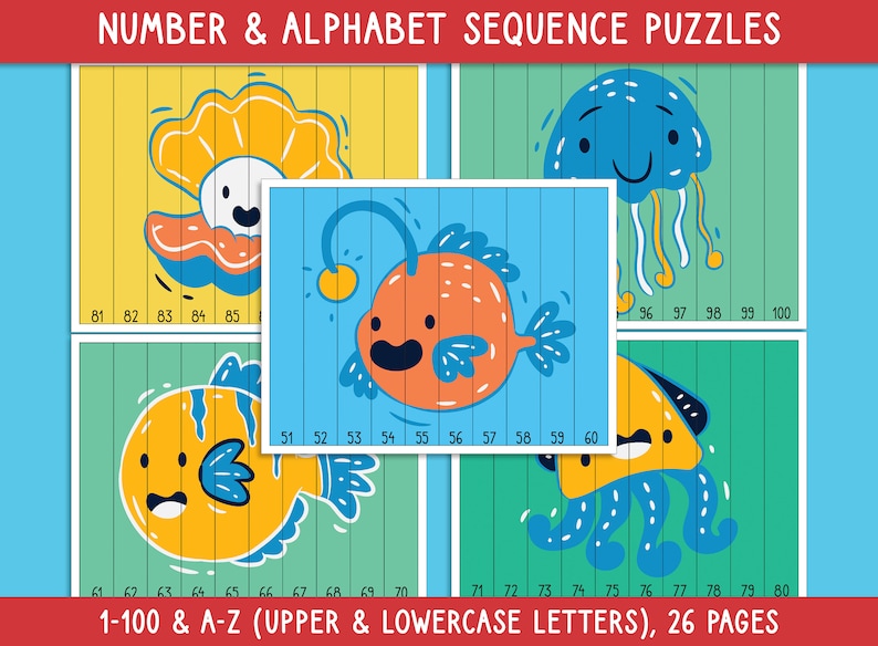 Sea Animal Number and Alphabet Sequence Puzzles (printable), 1-100 and ...