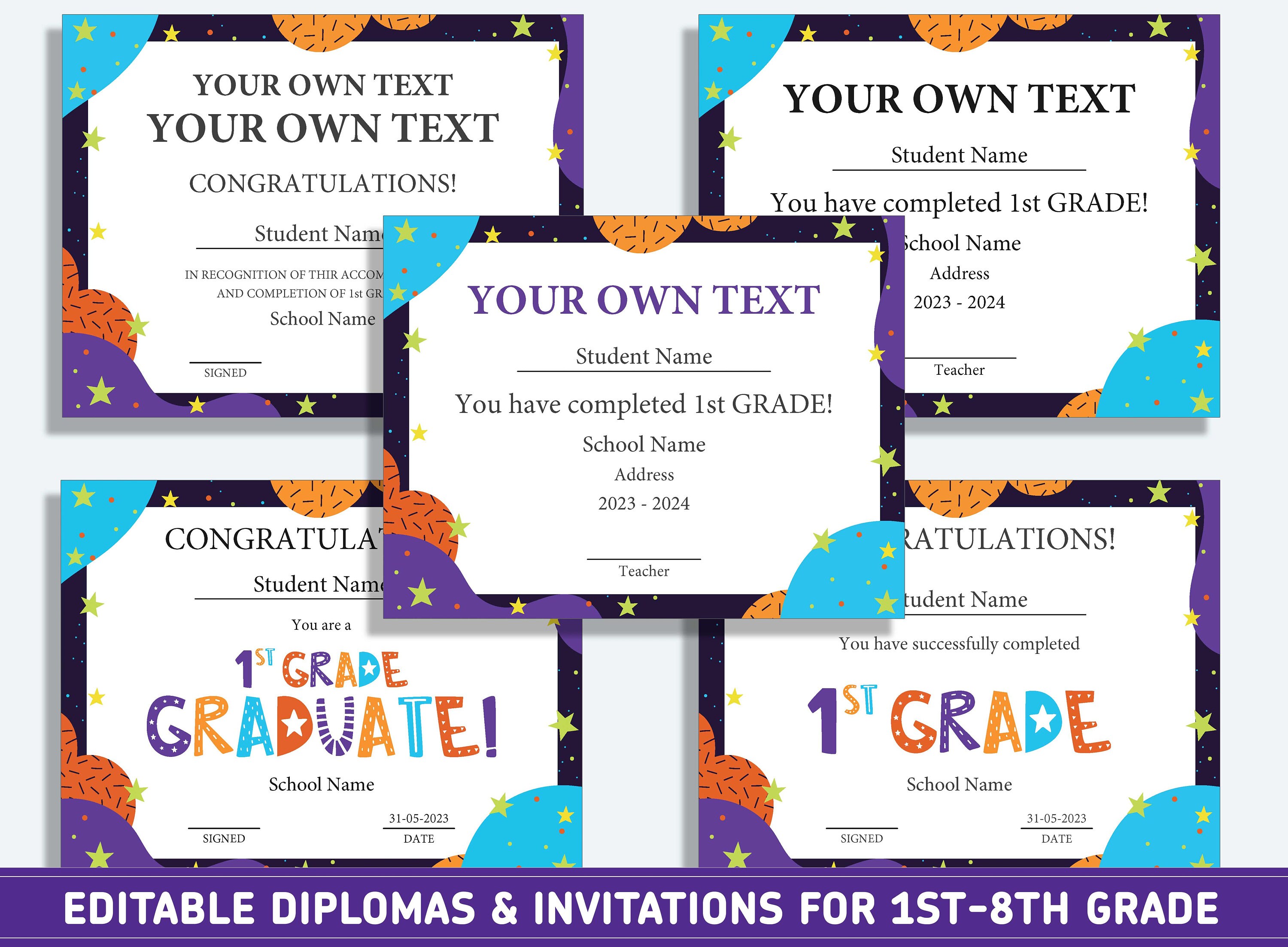 Editable Second Grade Certificate, 1st to 8th Grade Diploma ...