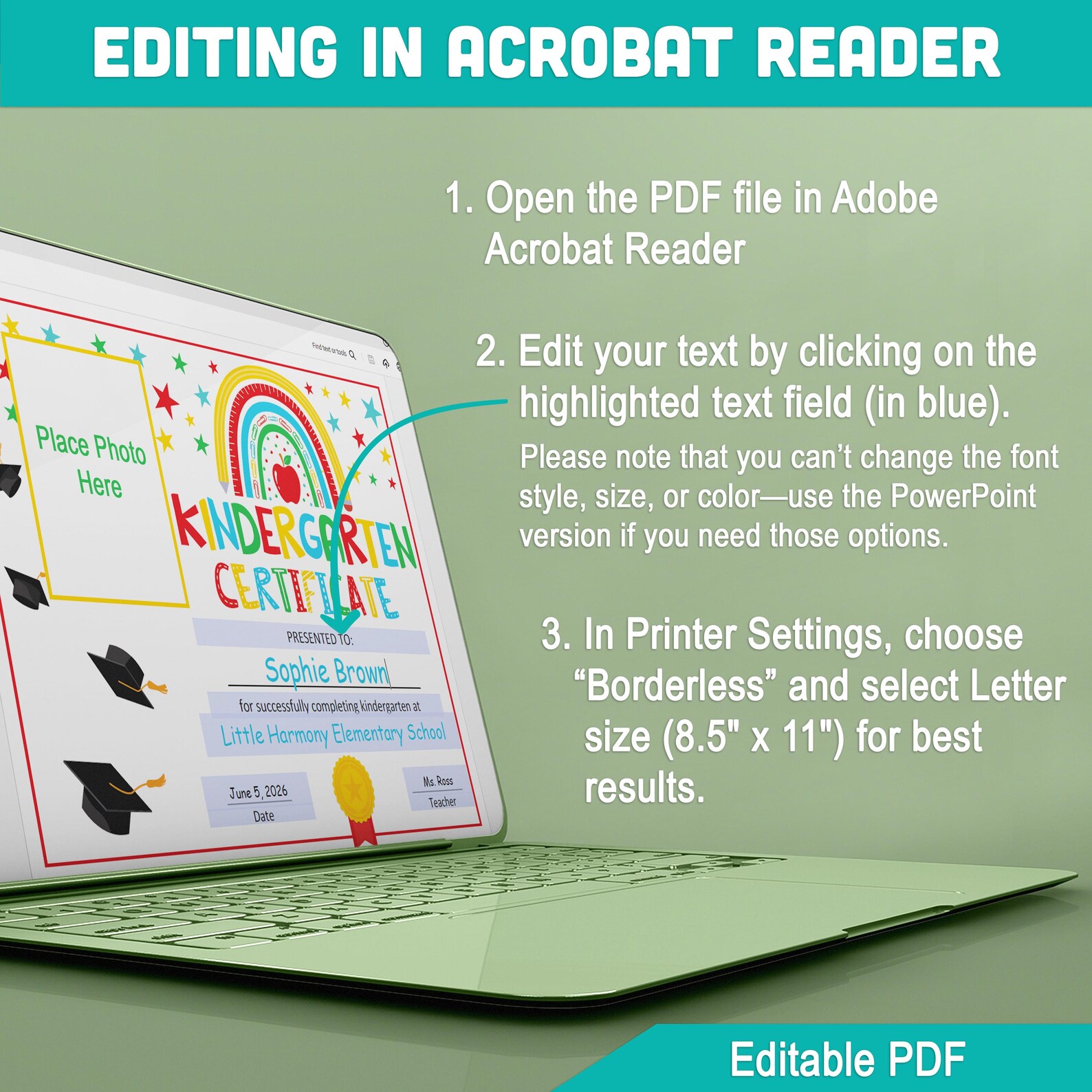 Editable Kindergarten Certificate With Photo, Graduation Diploma ...