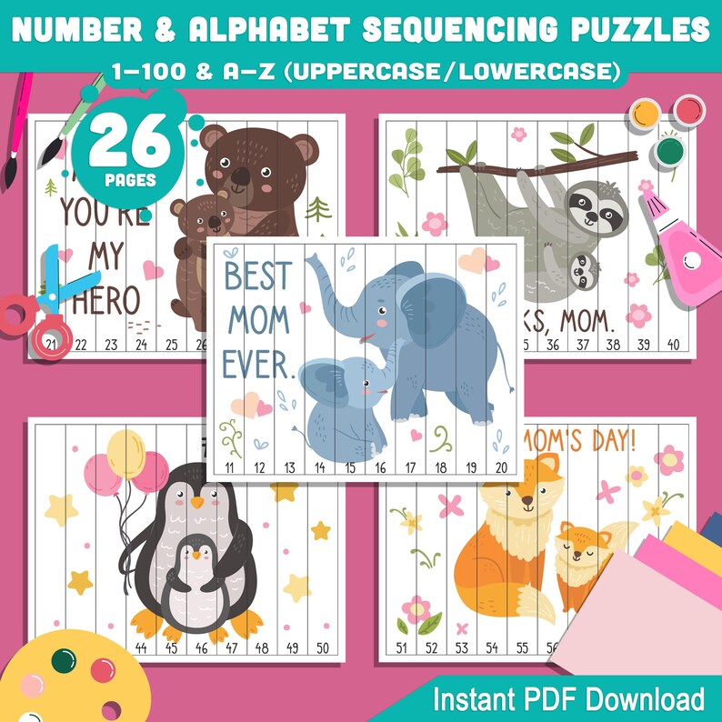 Mother's Day Printable Puzzles: Number Sequence 1-100, Alphabet A-Z ...
