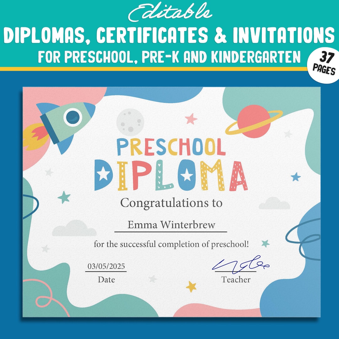 Customizable Preschool, Pre-k, and Kindergarten Graduation Diplomas ...