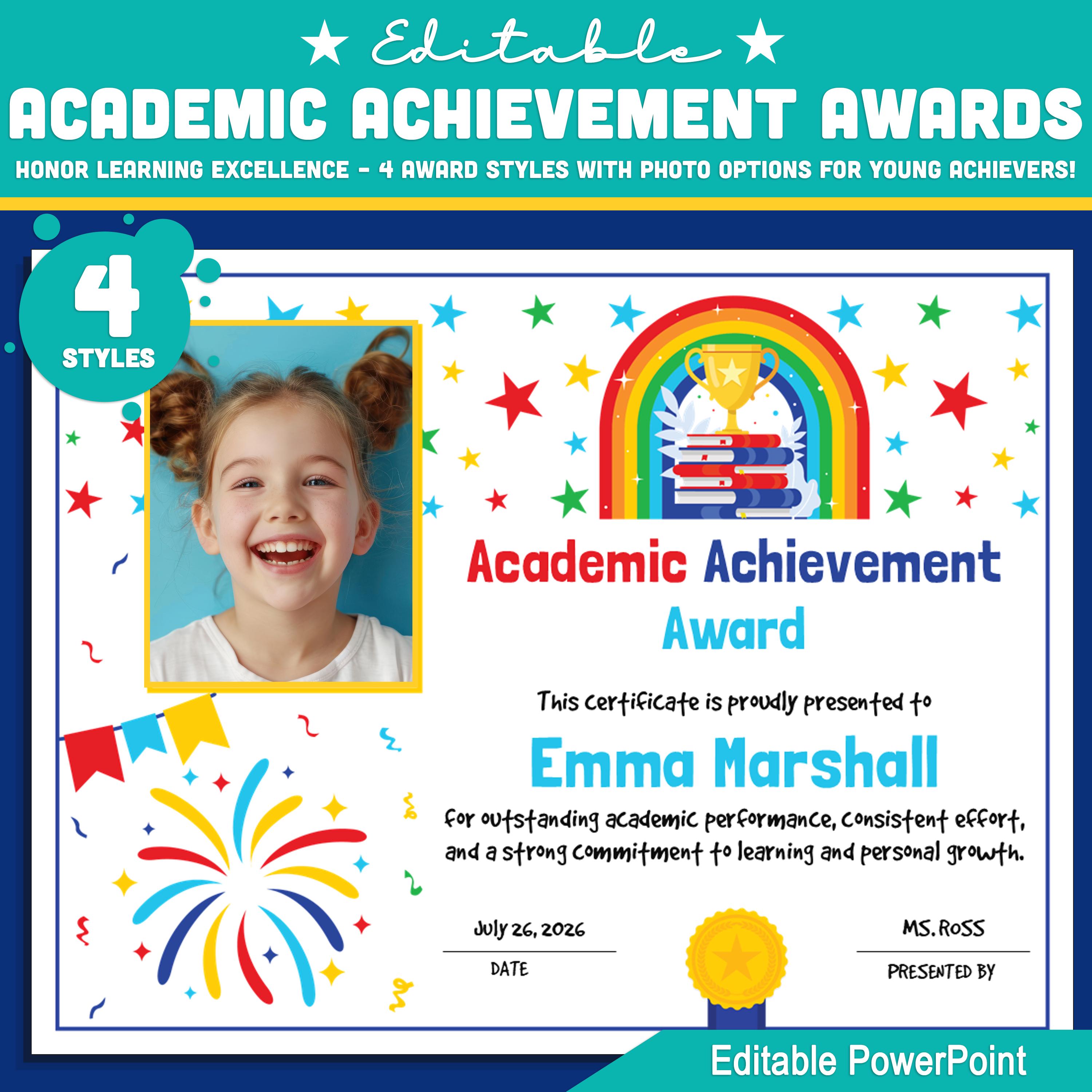 Editable Academic Achievement Awards With 4 Unique Styles and Photo ...