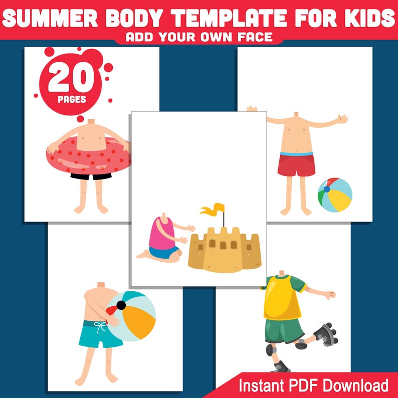 Summer Body Templates, Printable Add Your Own Face Craft, Beach ...