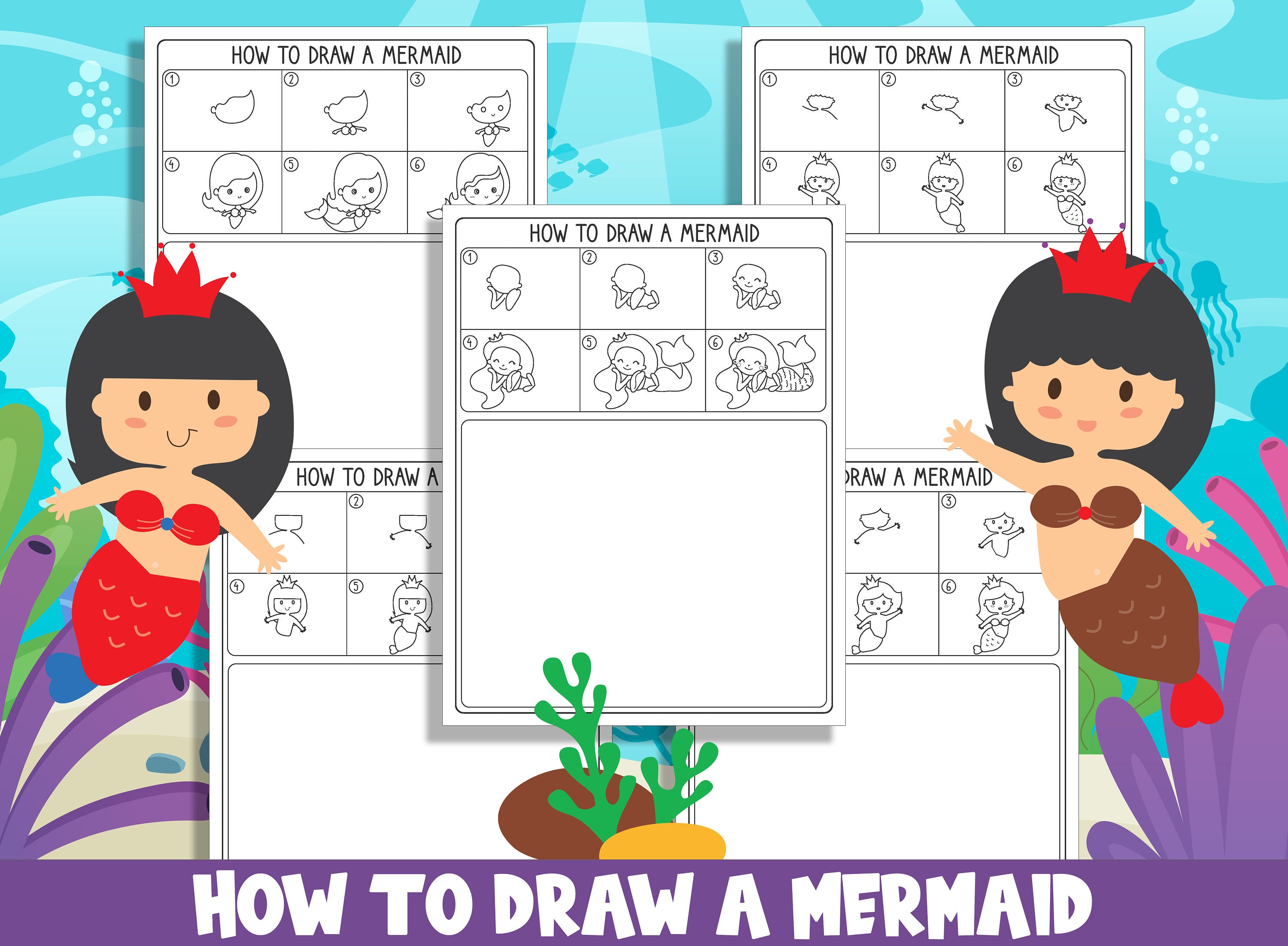 Learn How to Draw a Mermaid, Directed Drawing Step by Step Tutorial ...