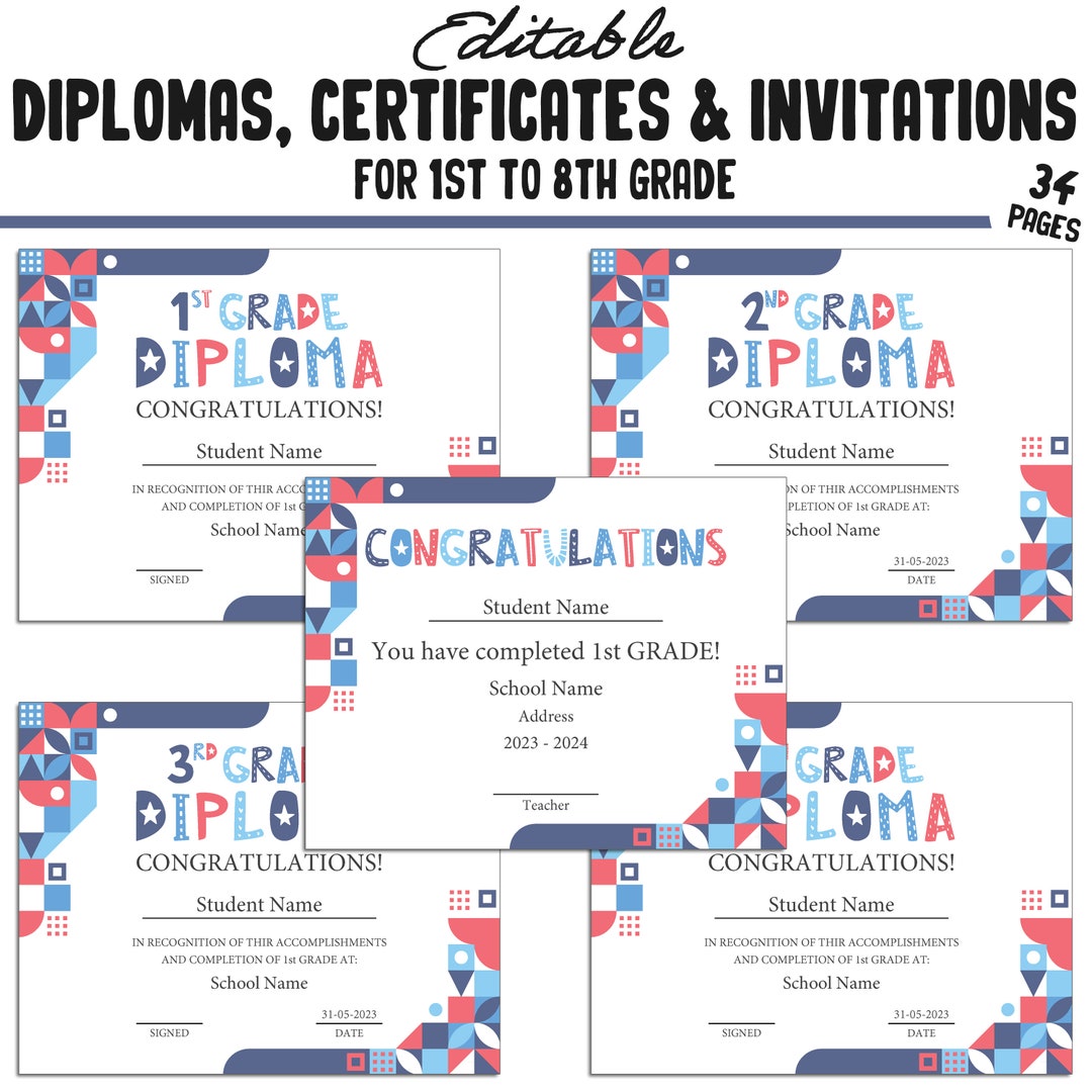 Editable Diplomas for 4th Grade, Certificates for 1st-8th Grade, and ...
