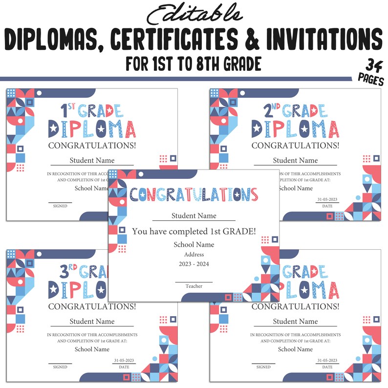 Editable Diplomas for 4th Grade, Certificates for 1st-8th Grade, and ...