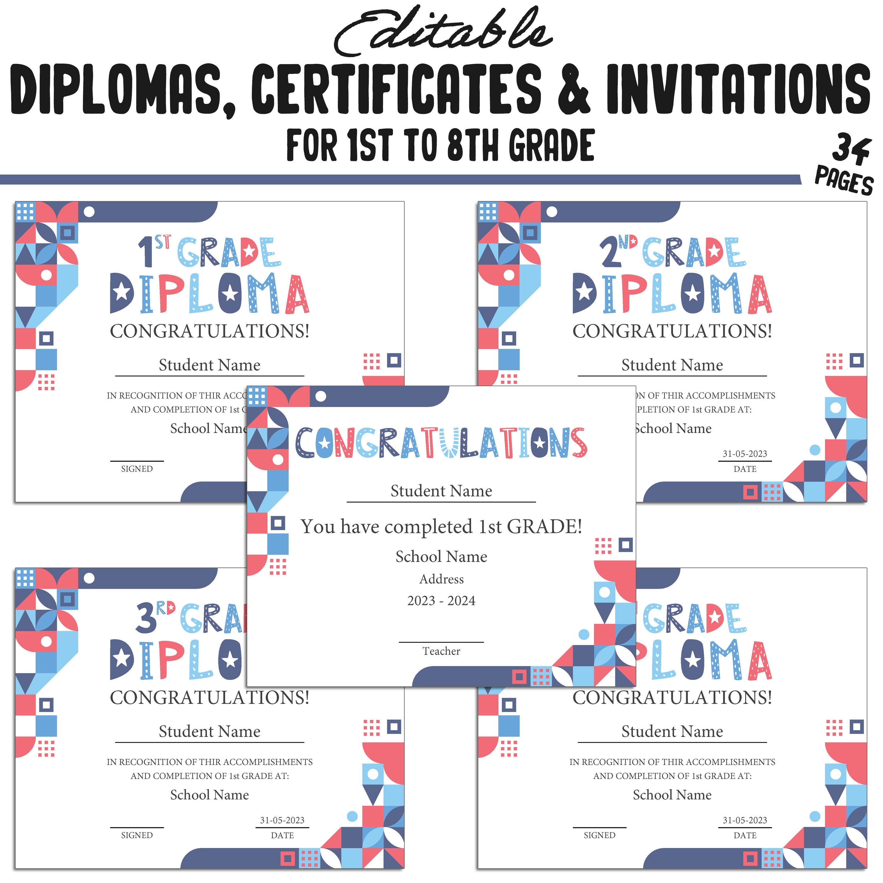 Editable Diplomas for 4th Grade, Certificates for 1st-8th Grade, and ...