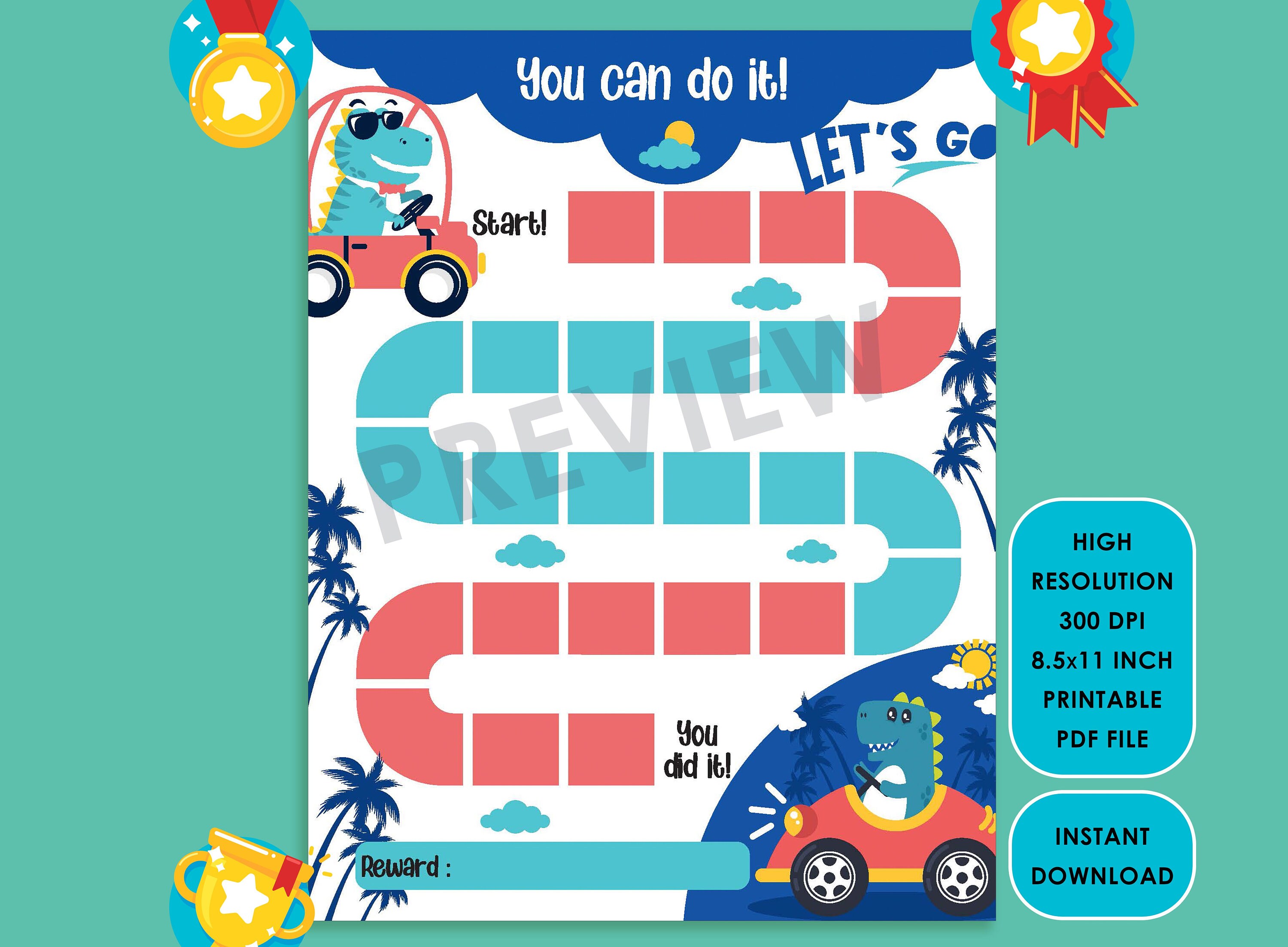 Printable Dinosaur Driving Reward Chart for Kids: 2 Fun Designs to ...