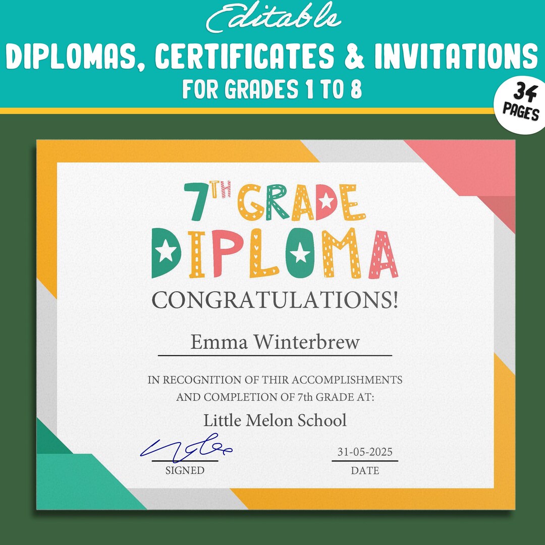 Editable 7th Grade Certificate, 1st to 8th Grade Diploma, Certificate ...