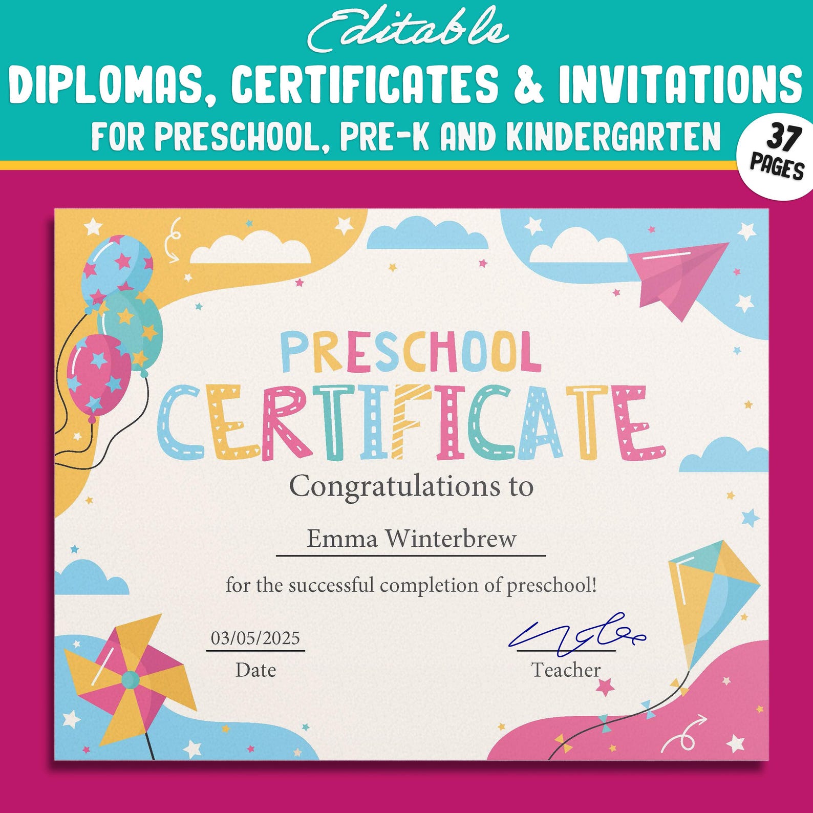 Preschool and Kindergarten End of Year Celebration Kit: 37 Editable ...