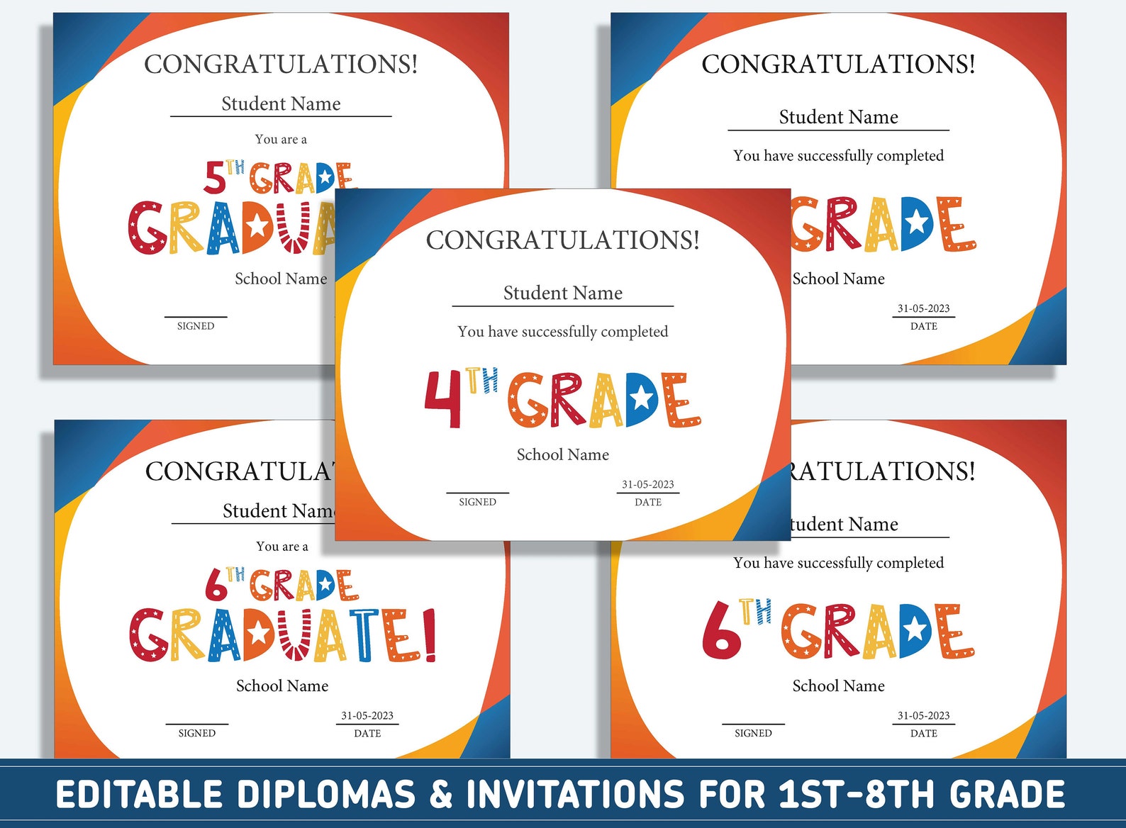 Editable End of 3rd Grade Certificate, 1st to 8th Grade Diploma ...