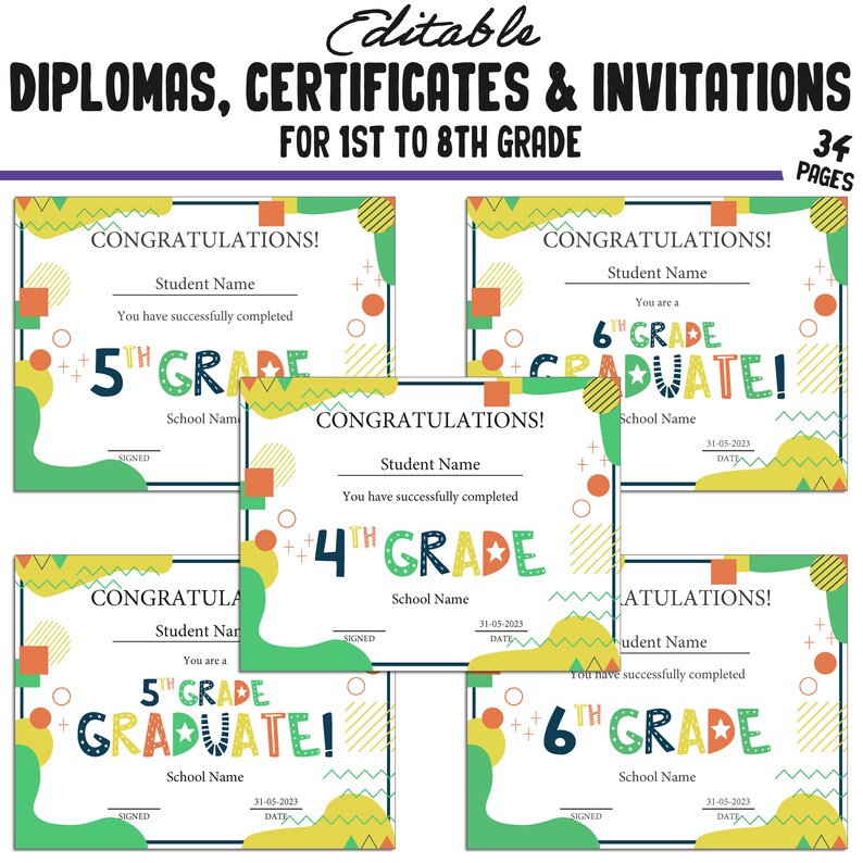 34 Editable First Grade Diplomas, 1st-8th Grade Certificates, Diplomas ...
