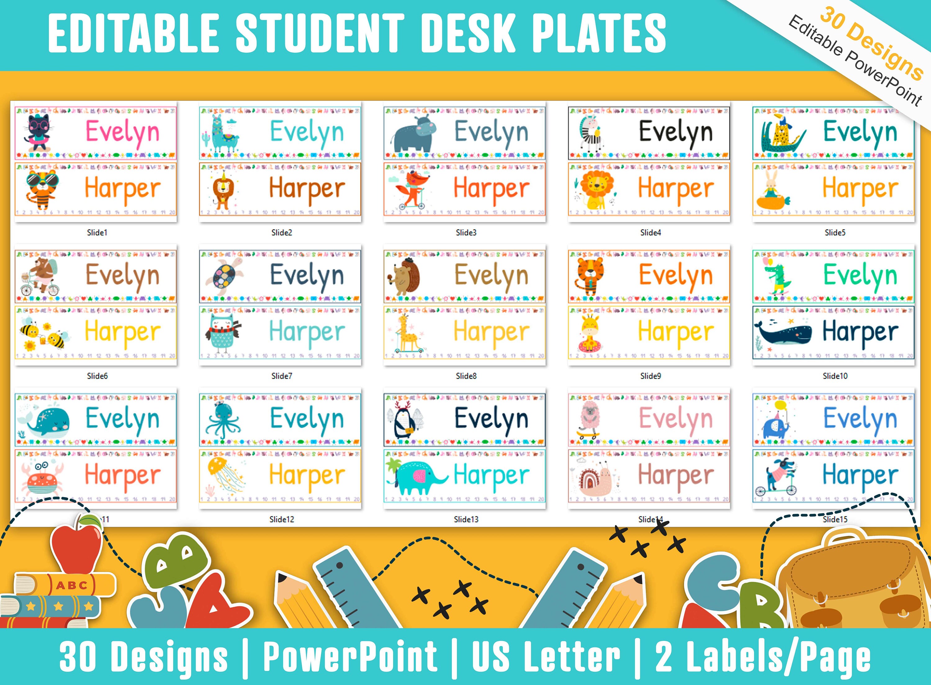 Student Desk Plates, 30 Printable/editable Cute and Funny Animal ...