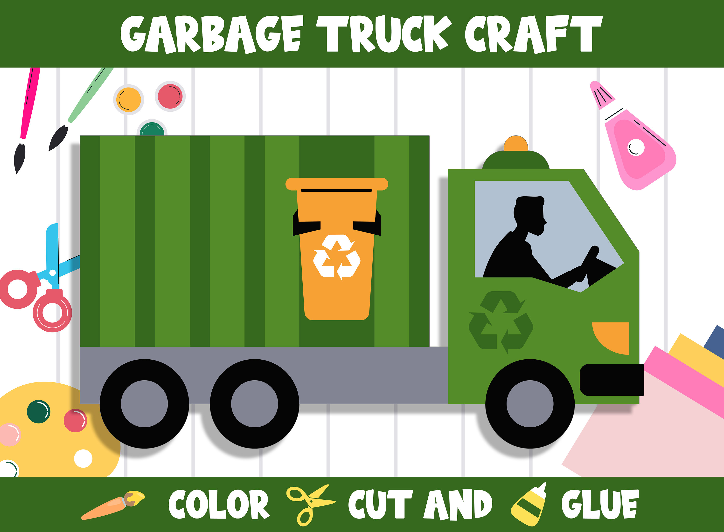 Garbage Truck Craft Activity Color, Cut, and Glue for Prek to 2nd Grade ...