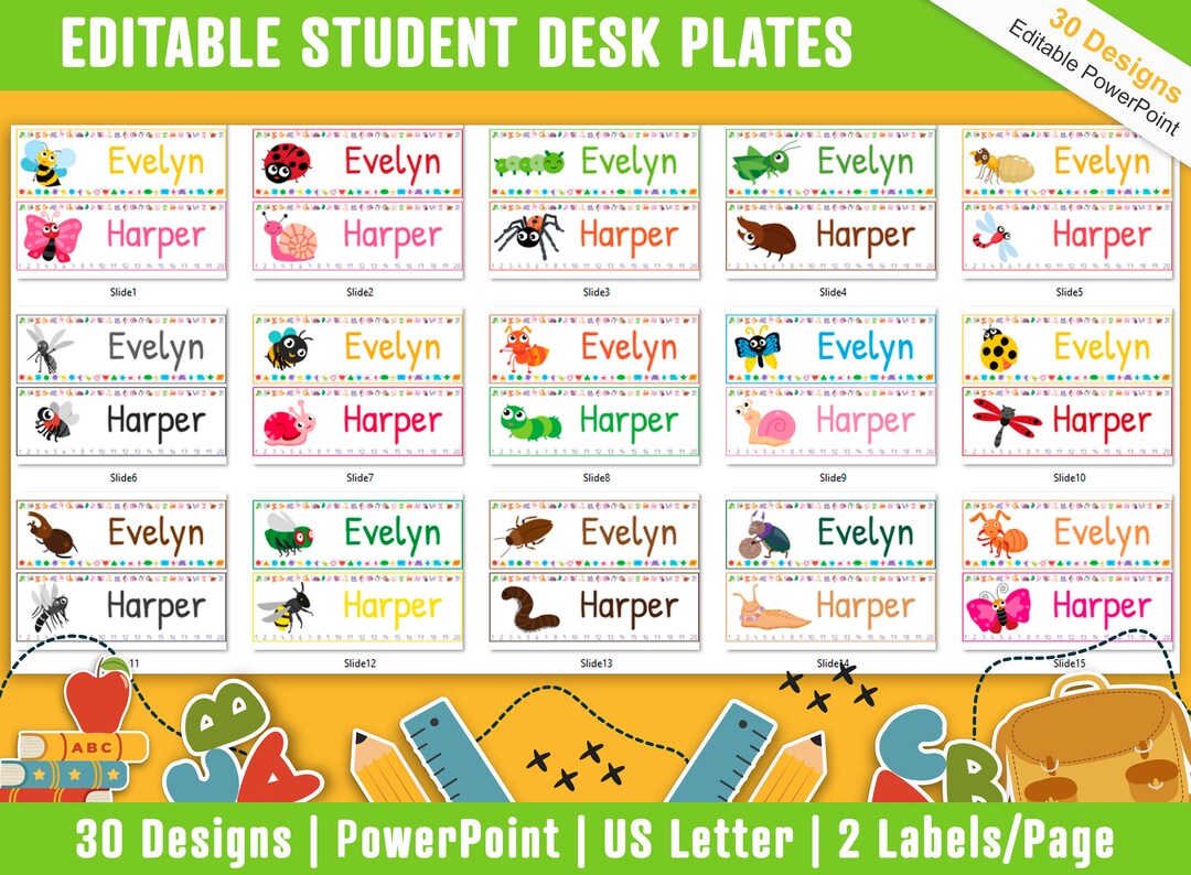 Student Desk Plates, 30 Printable/editable Cute Insects Classroom Name ...