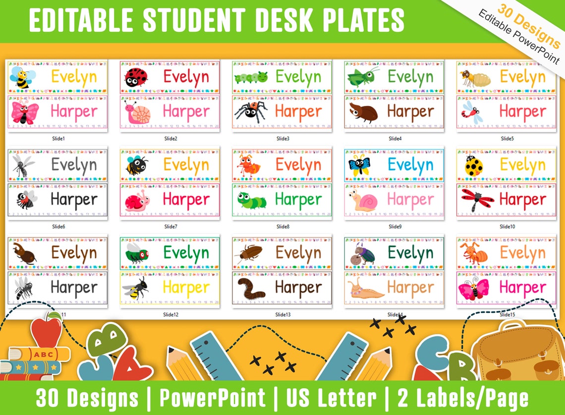 Student Desk Plates, 30 Printable/editable Cute Insects Classroom Name ...