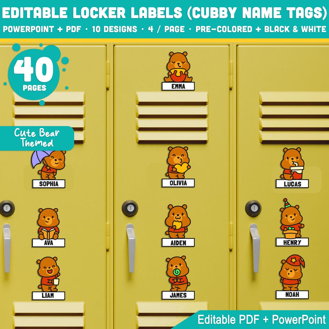 Editable Locker Labels (cubby Name Tags), Cute Bear Themed, Pre-colored ...