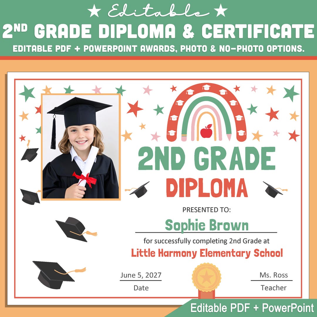 Editable 2nd Grade Graduation Diploma & Certificate Set, Retro Rainbow ...