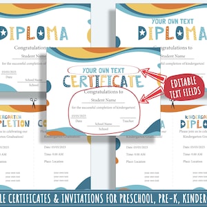 Customizable Modern Diplomas, Certificates, and Invitations for Preschool and Kindergarten ...