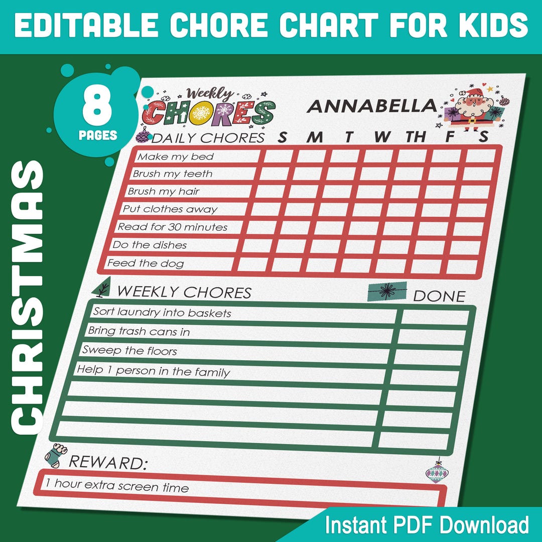 Merry Christmas Chore Chart for Kids: Printable and Editable ...