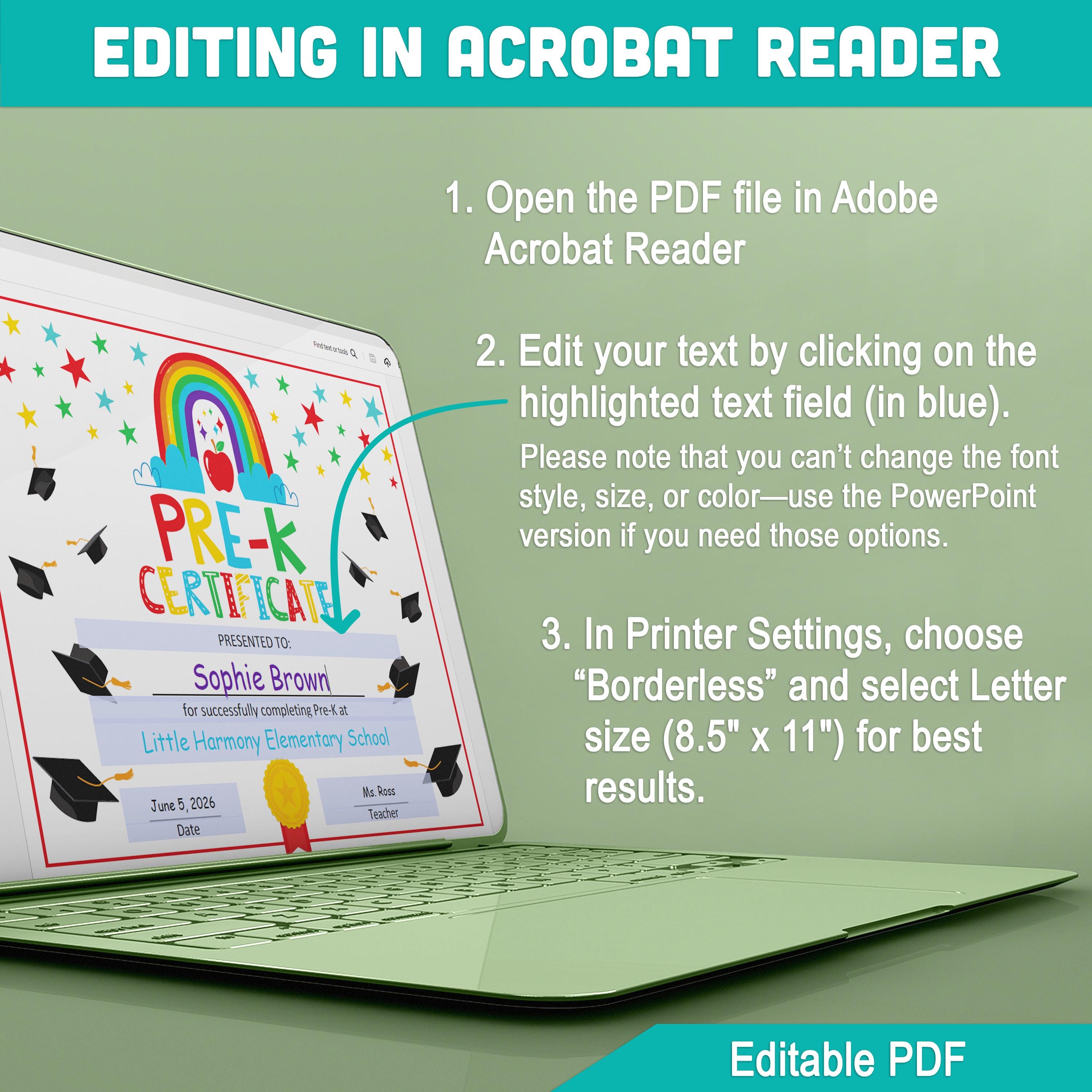 Editable Pre-k Certificate Template: Customizable Letter Size Pdf ...