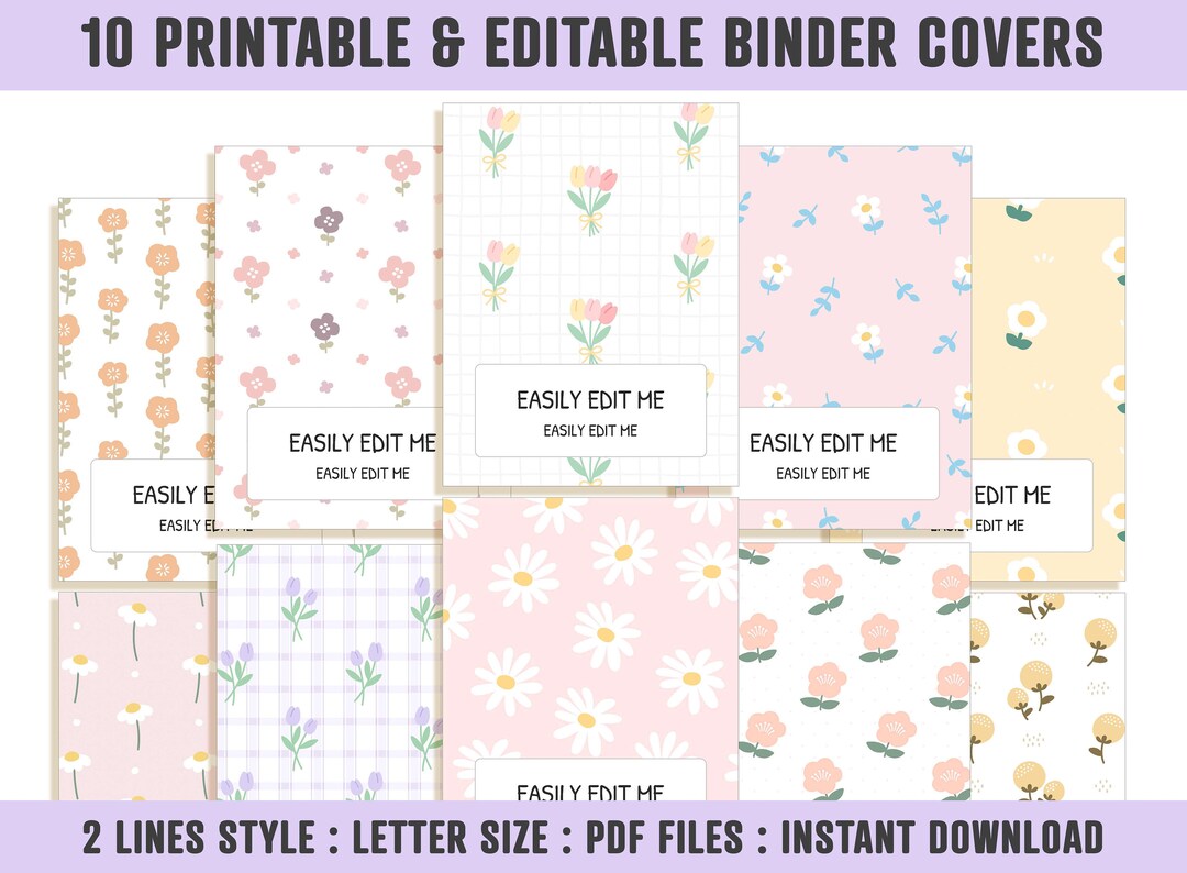 Flower Binder Cover, 10 Coversspines, Binder Cover Printable, Editable ...