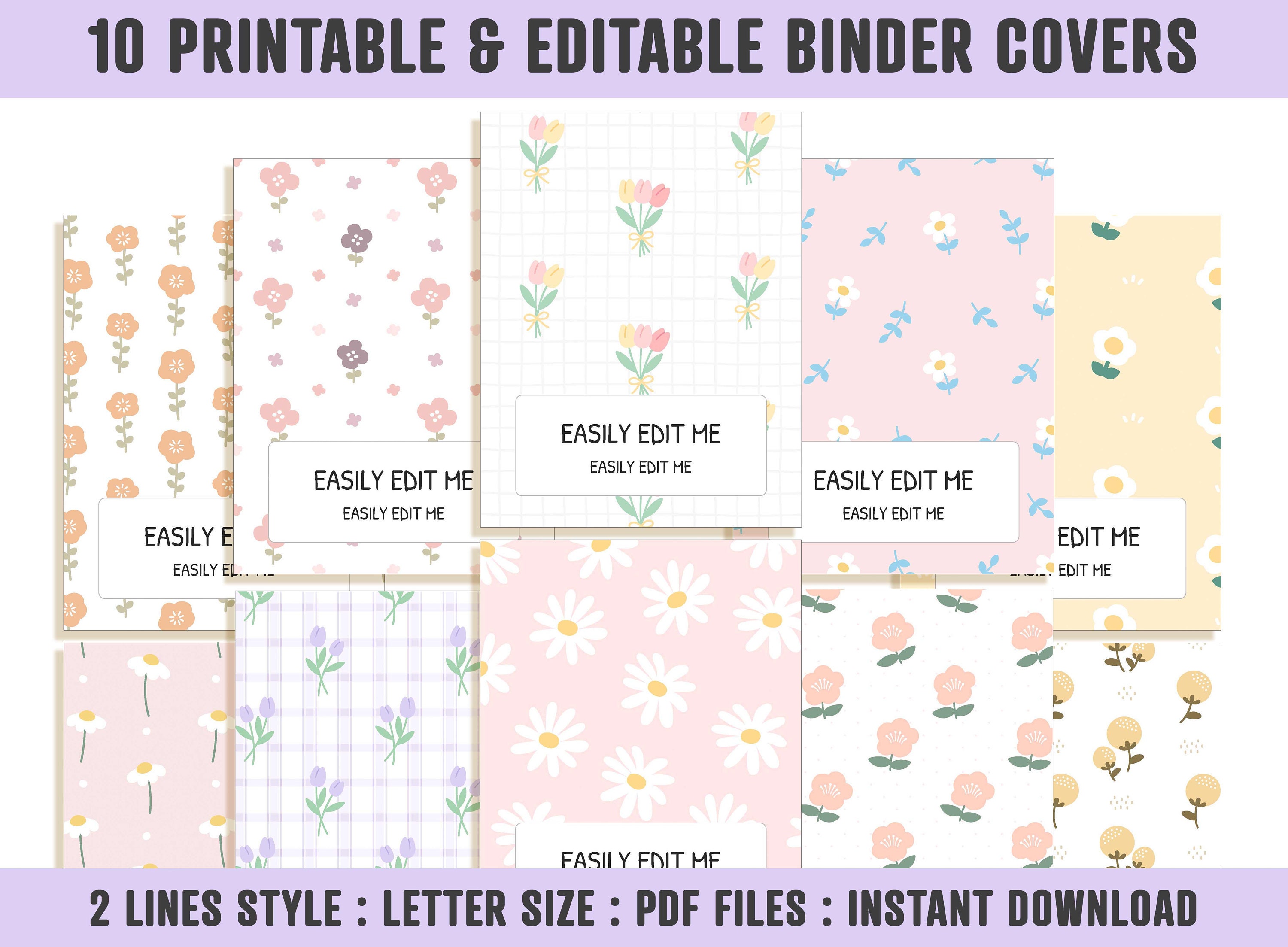 Flower Binder Cover, 10 Coversspines, Binder Cover Printable, Editable ...